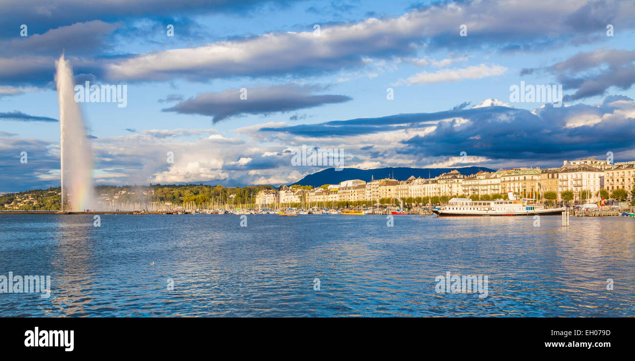 Switzerland, Geneva, Lake Geneva with fountain Jet d'Eau Stock Photo ...