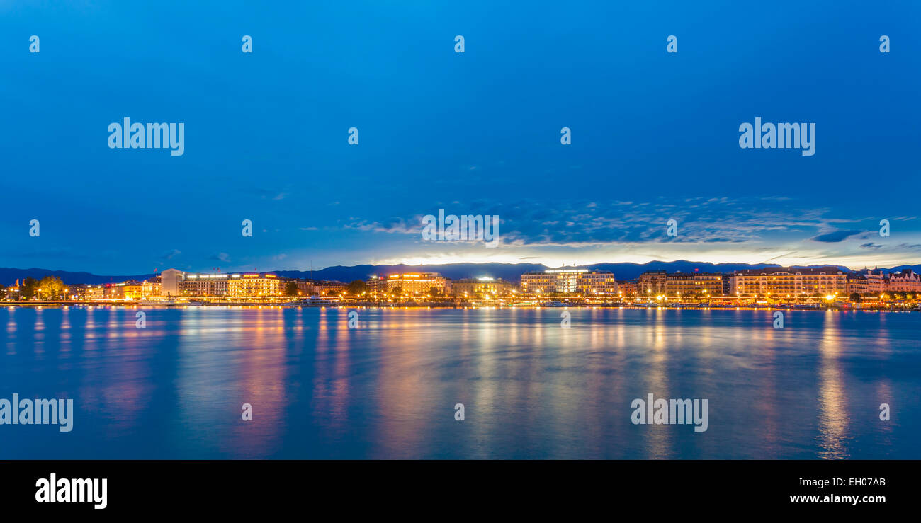 Switzerland, Geneva, cityscape with Lake Geneva in the evening Stock ...
