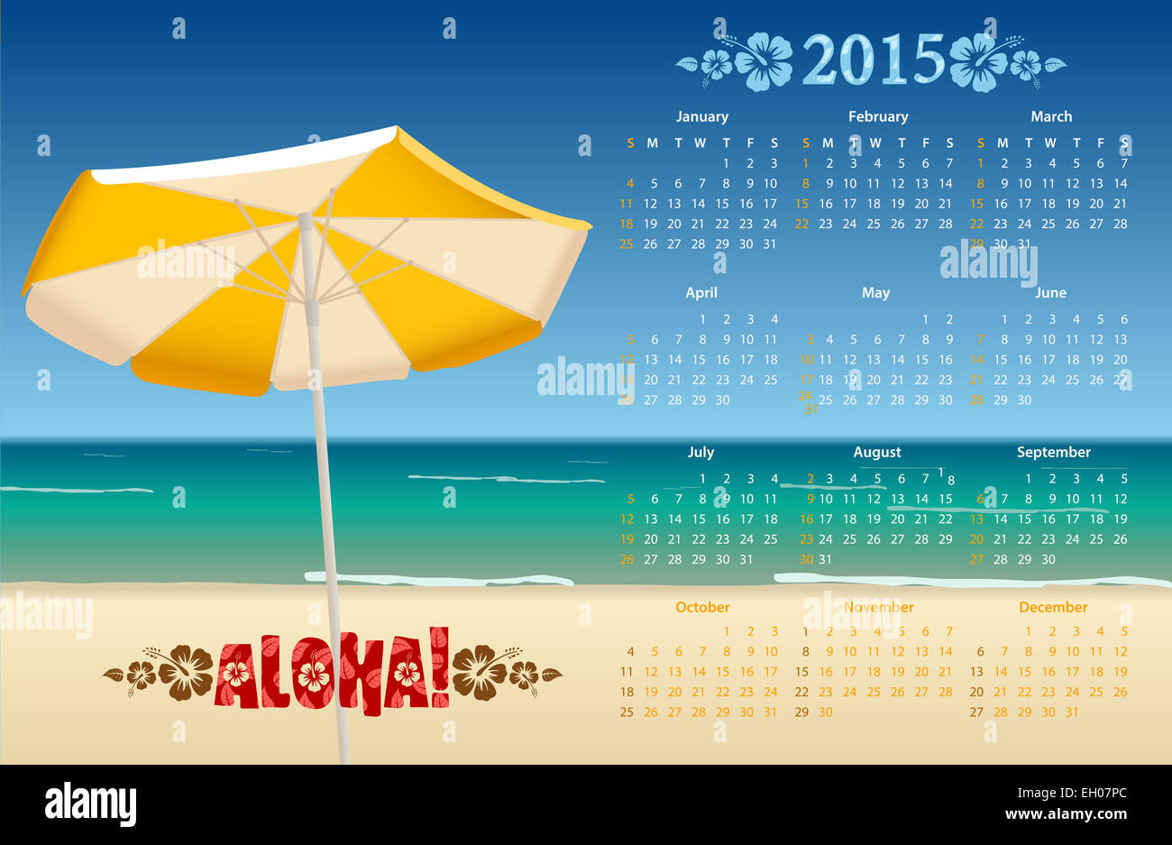 Vector American calendar 2015 with tropic beach, starting from Sundays ...