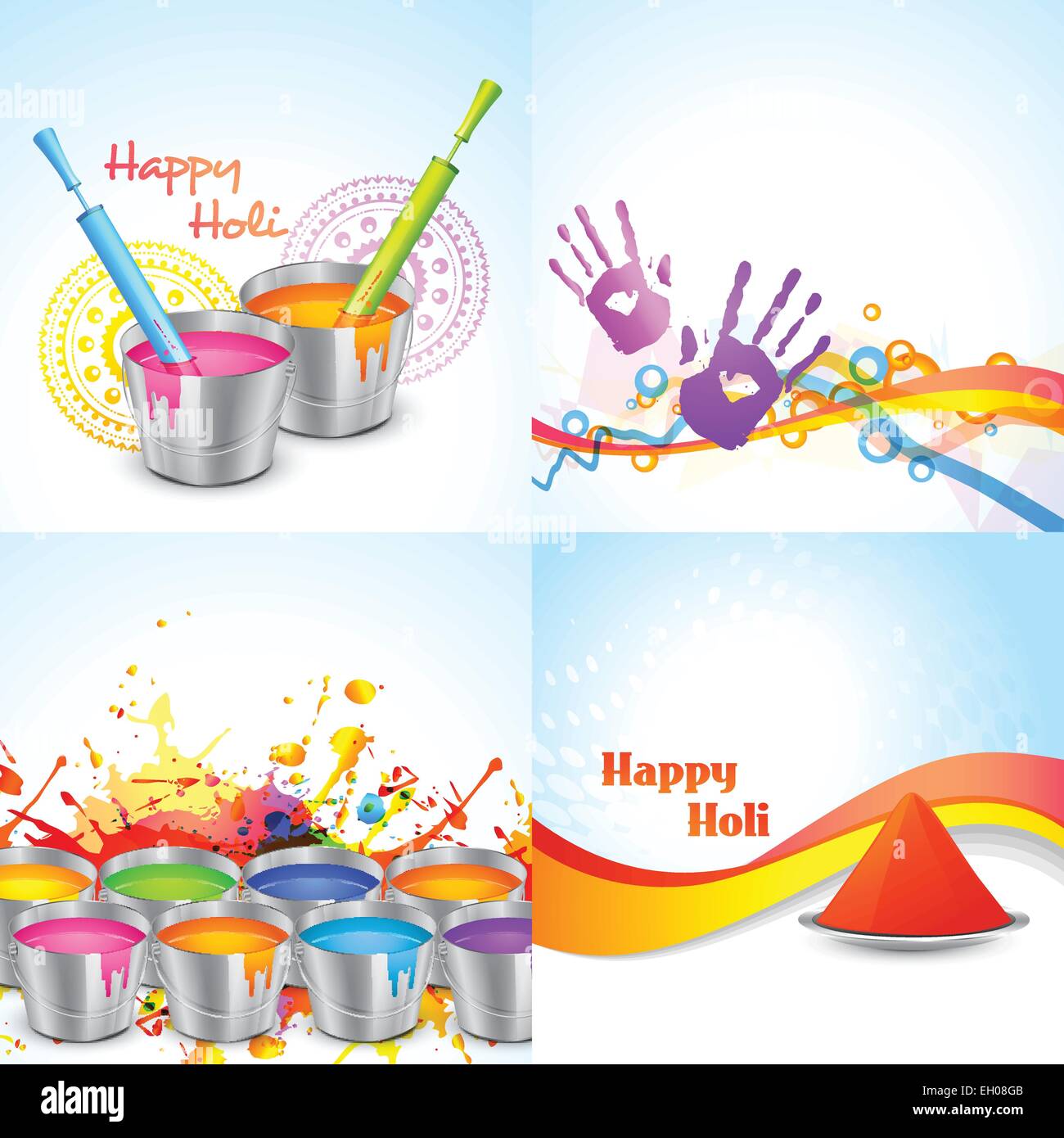 vector set of happy holi design with bucket, pichkari and gulal Stock ...