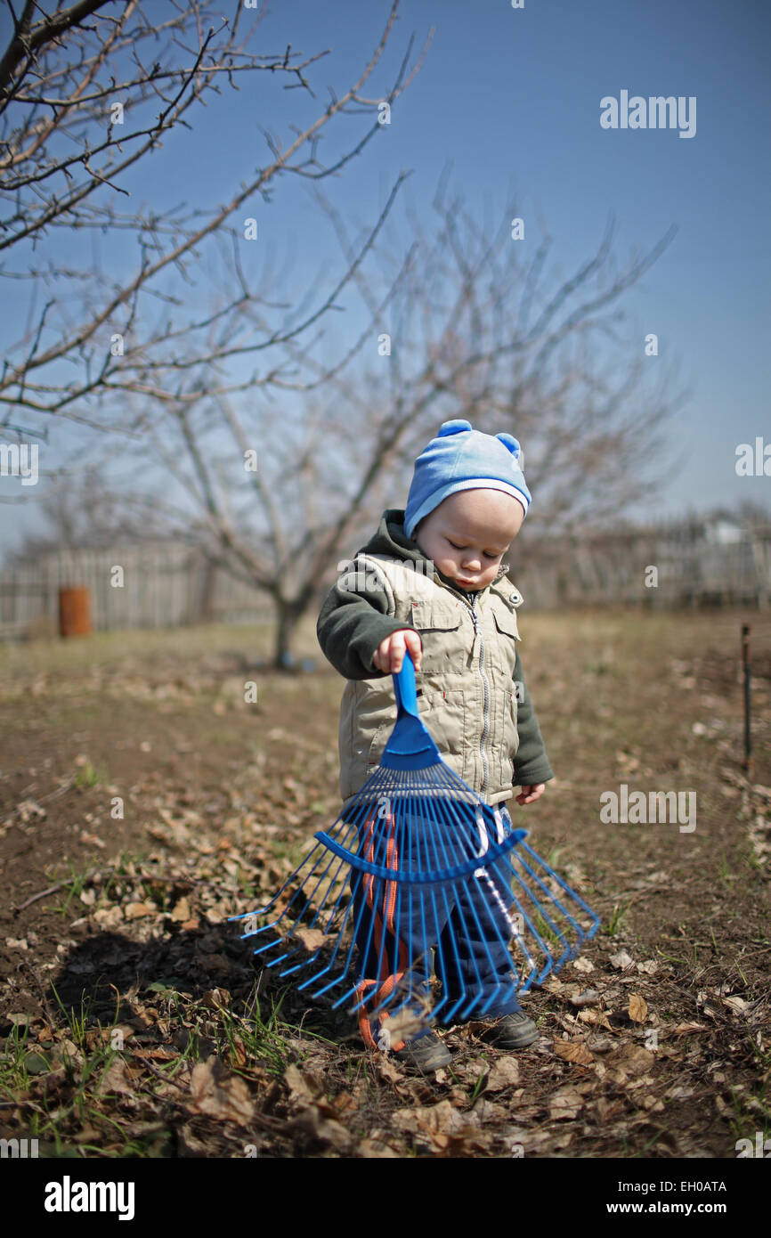 little boy working rake in the garden Stock Photo - Alamy