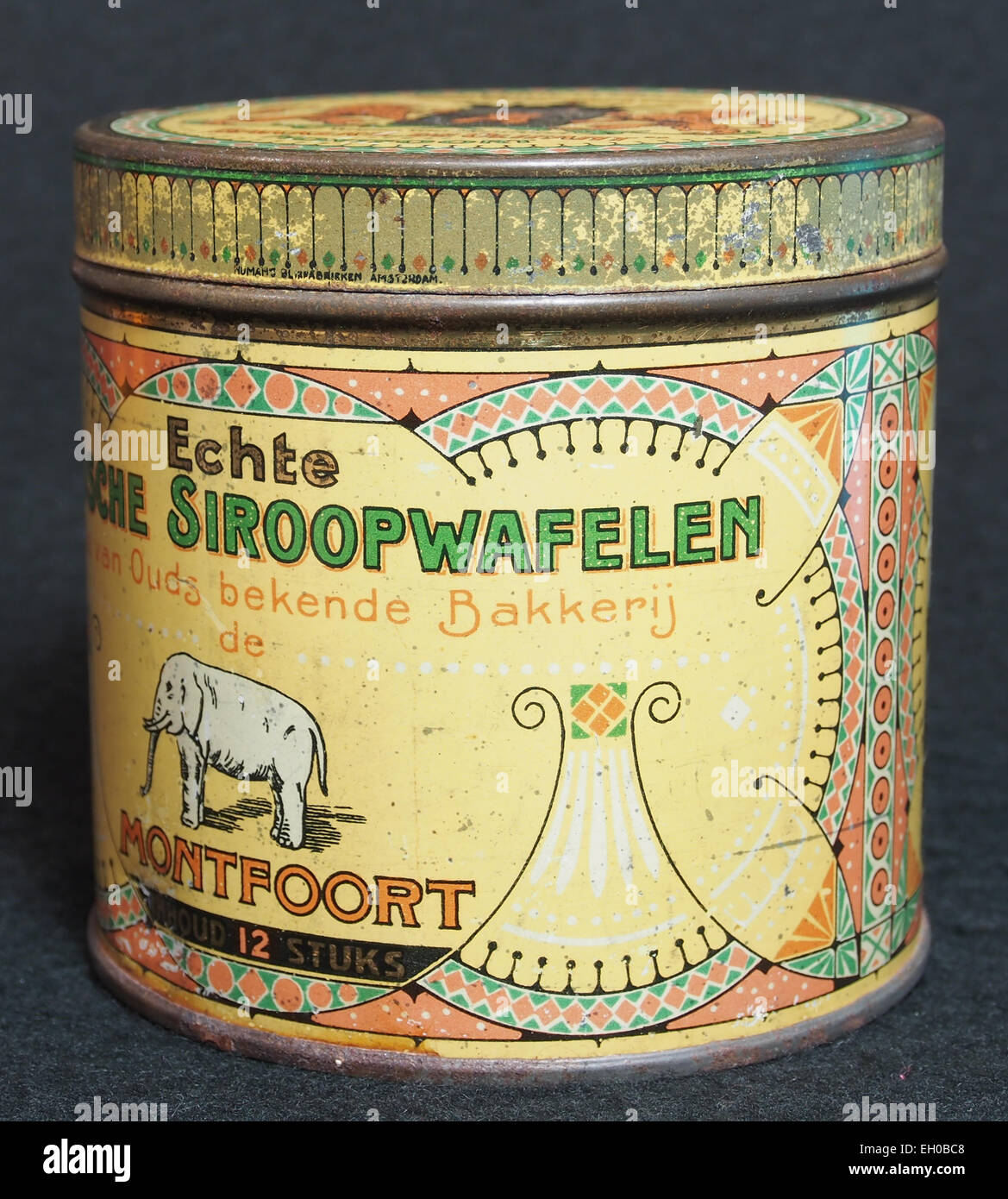A vintage tin from Bakkerij De Olifant, featuring siroopwafelen, a ...