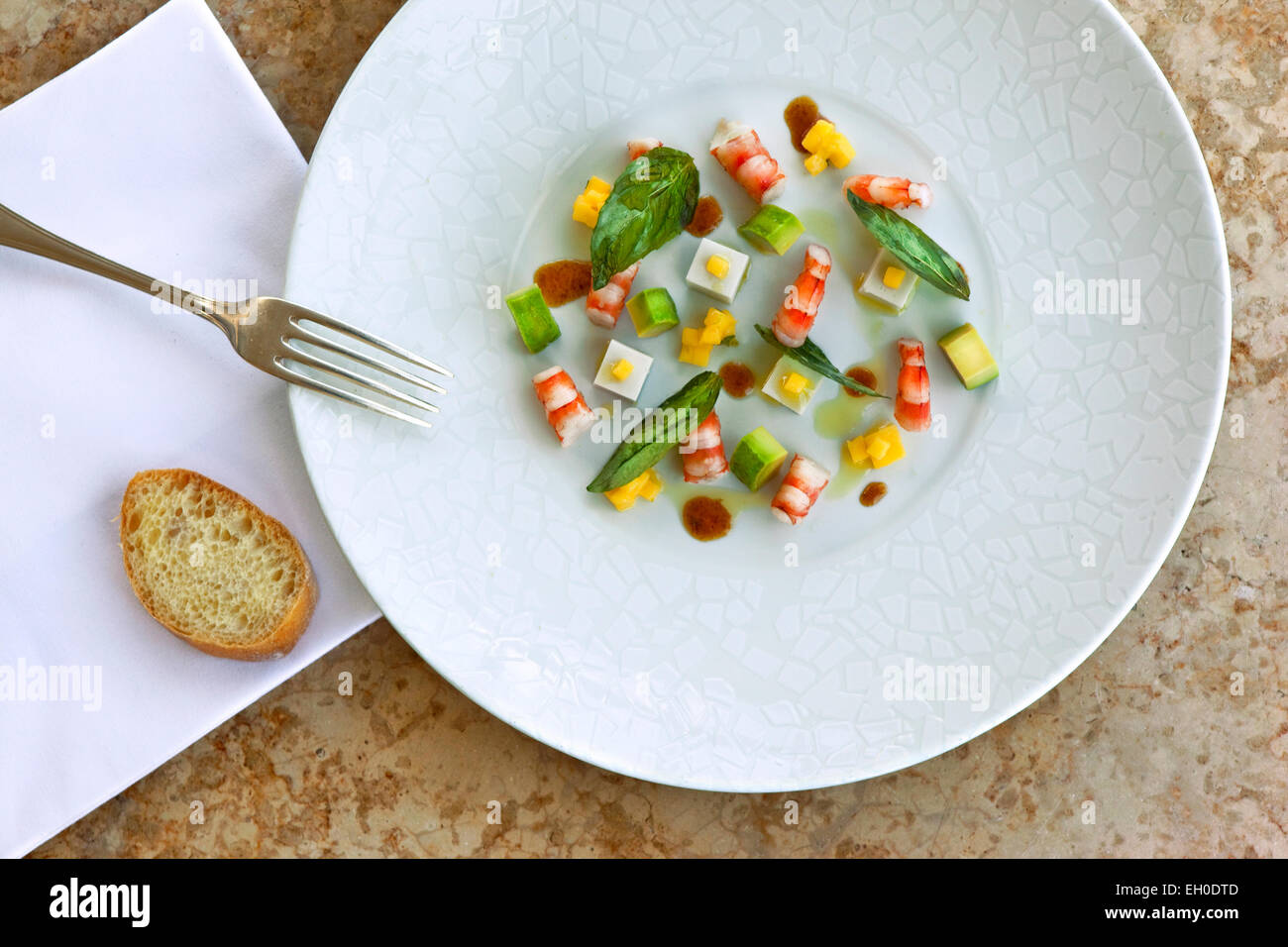 Prawns, coconut jelly, mango, curry jam, avocado Stock Photo - Alamy