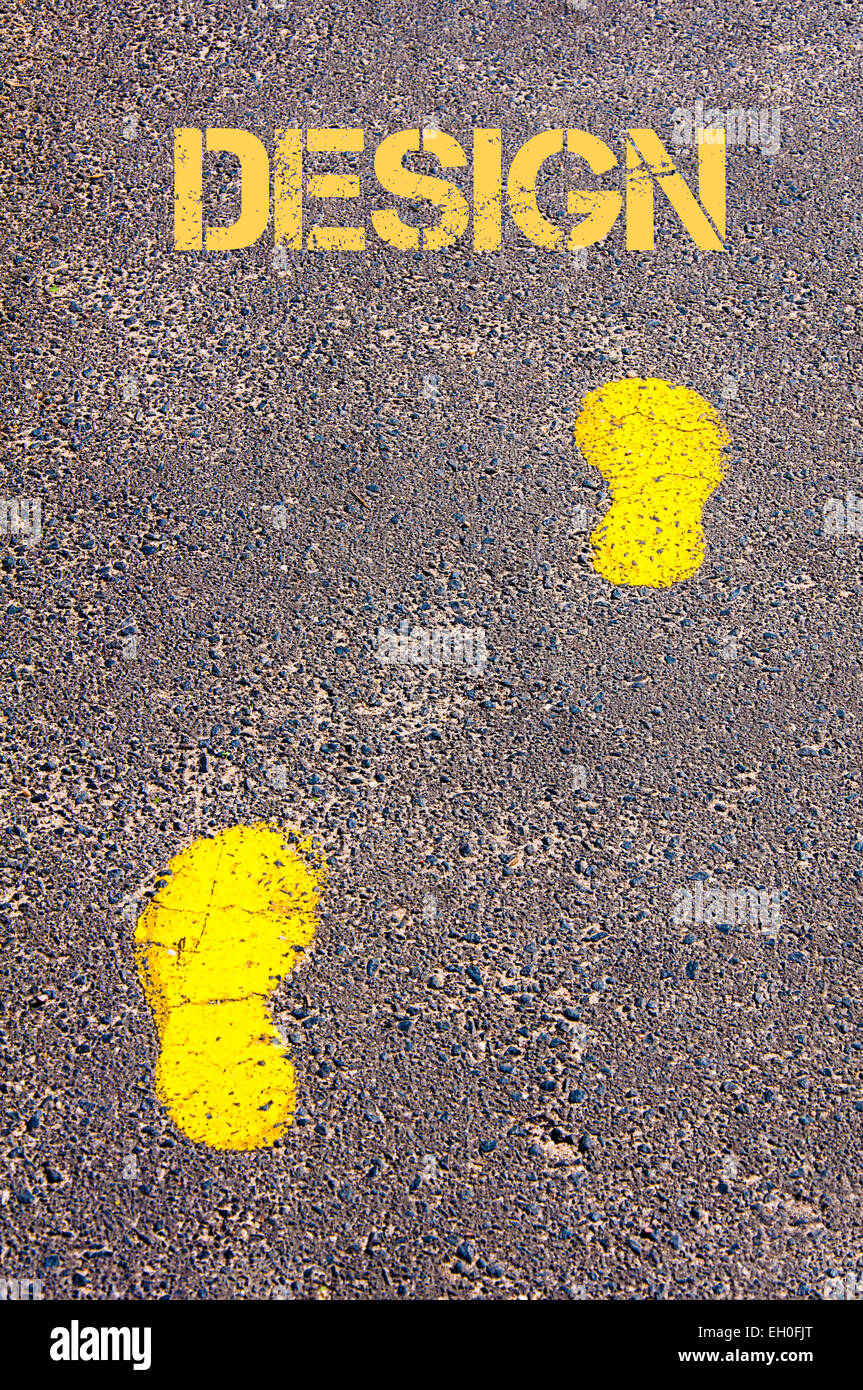Yellow footsteps on sidewalk towards Design message.Concept image Stock ...