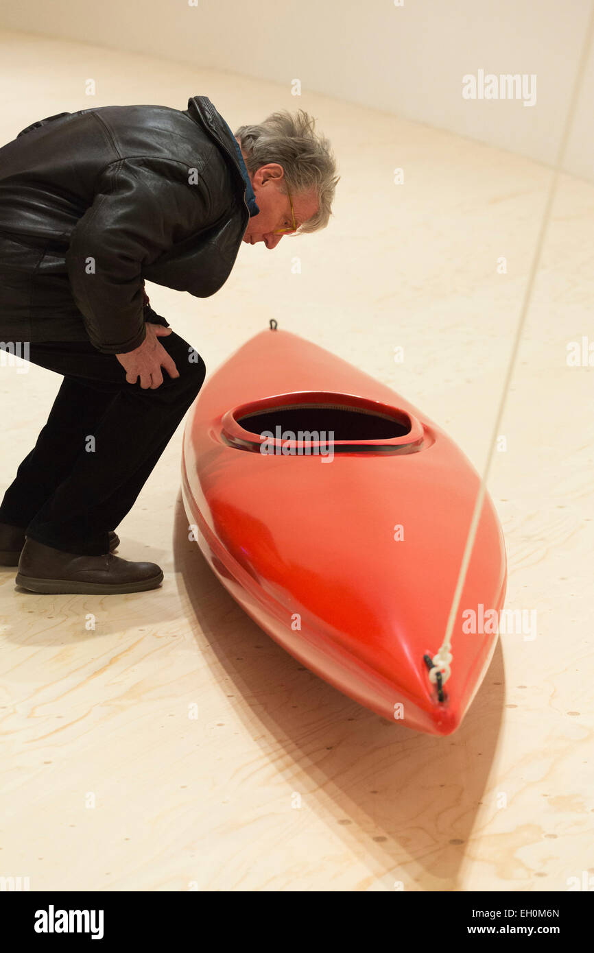 London, UK. 3 March 2015. Pictured: Artist Roman Signer with his kayak ...