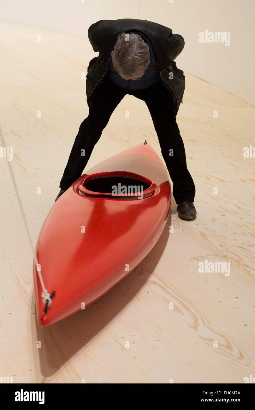 London, UK. 3 March 2015. Pictured: Artist Roman Signer with his kayak ...