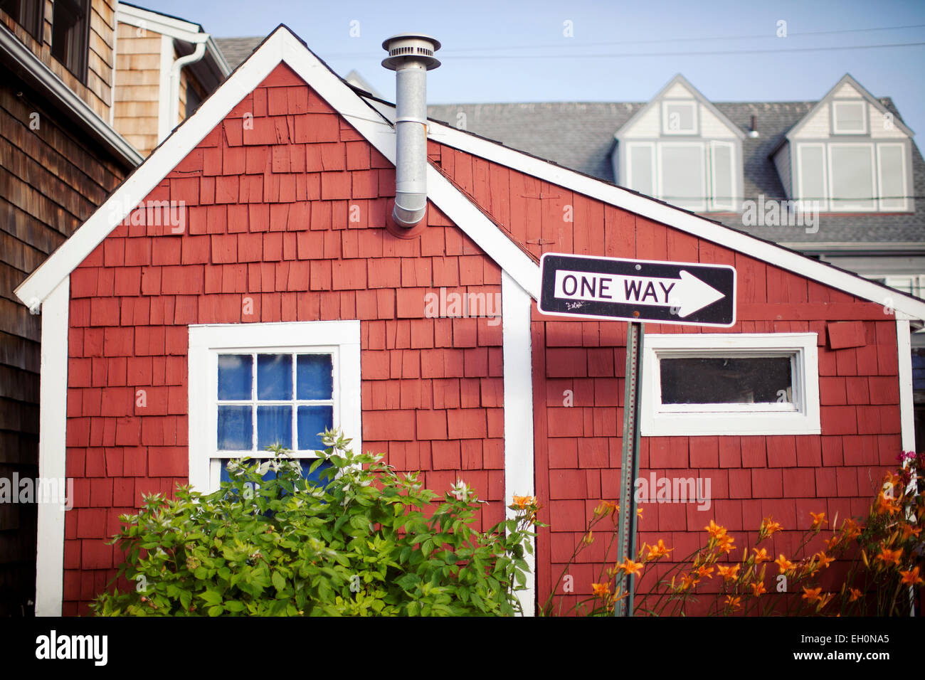 Small red building on one way road in Rockport, Massachusetts Stock ...