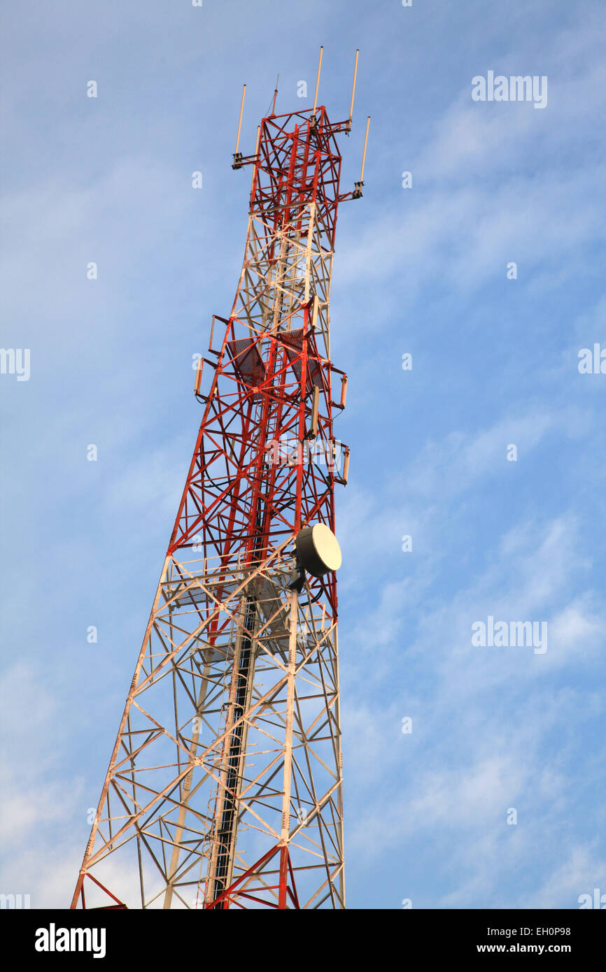 Telecommunication Radio antenna Tower with blue sky Stock Photo - Alamy