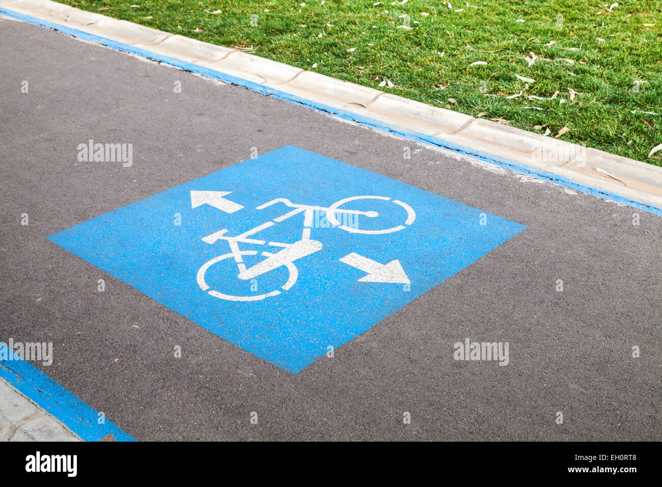 Bicycle lane. Blue and white road marking over urban asphalt road and ...