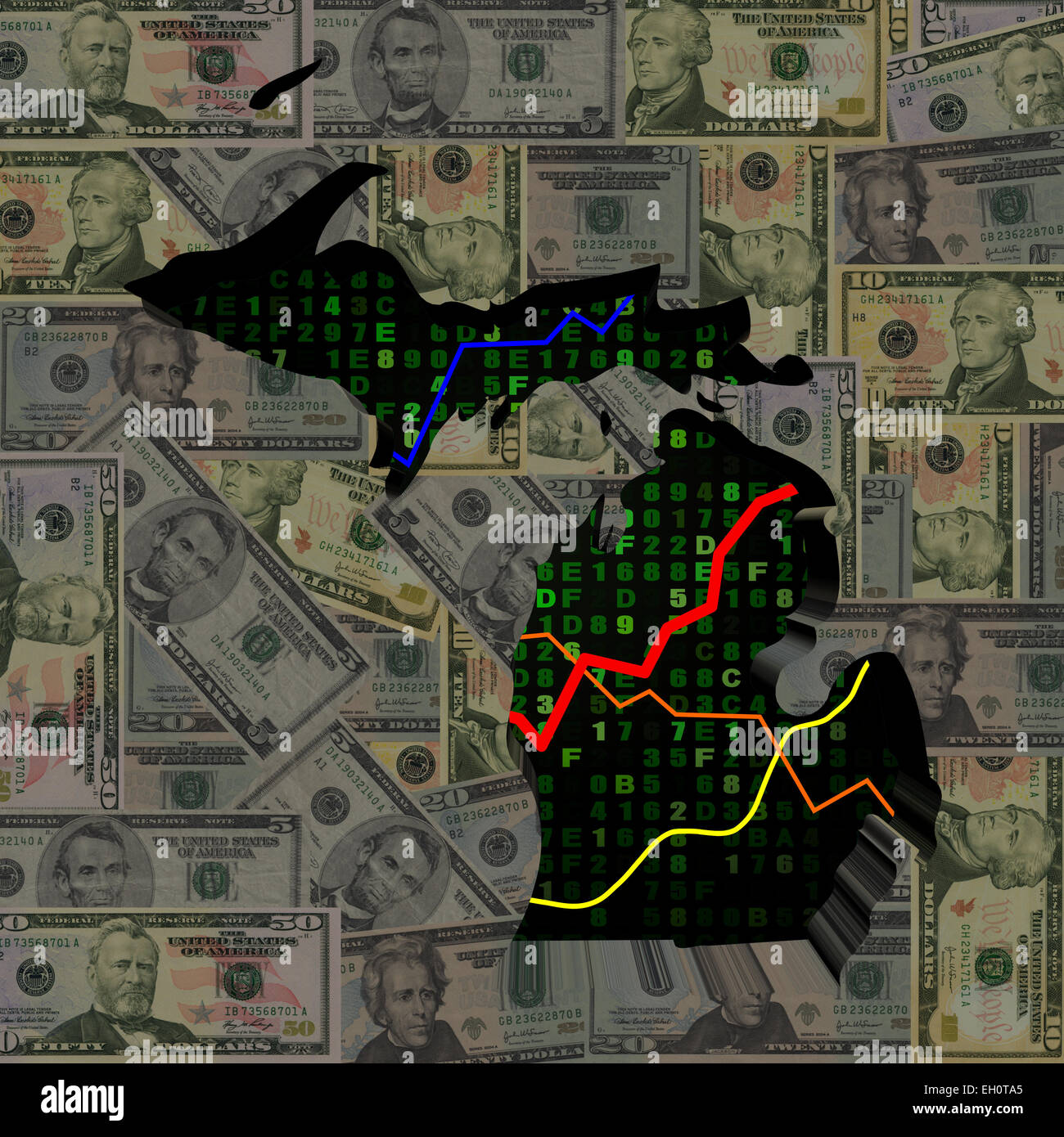 Michigan map with hex code and graphs on dollars illustration Stock ...