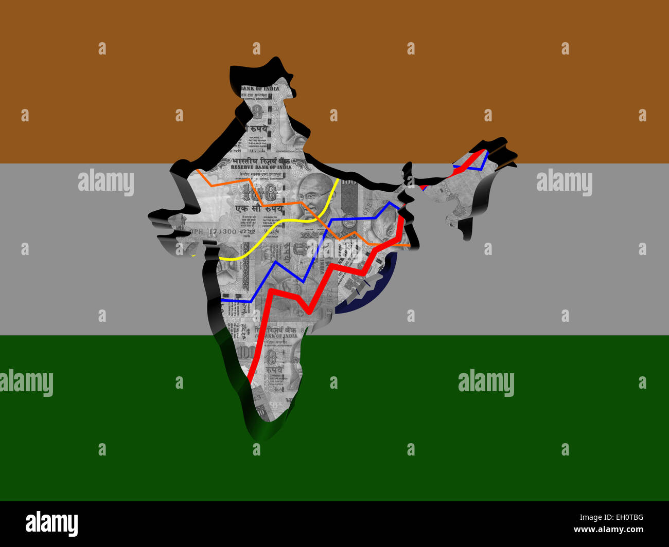 India map with flag and graphs on Rupees illustration Stock Photo - Alamy