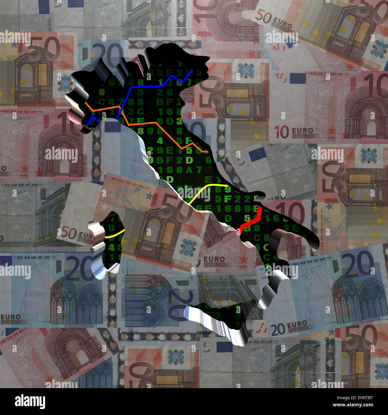 Italy map with hex code and graphs on euros illustration Stock Photo ...