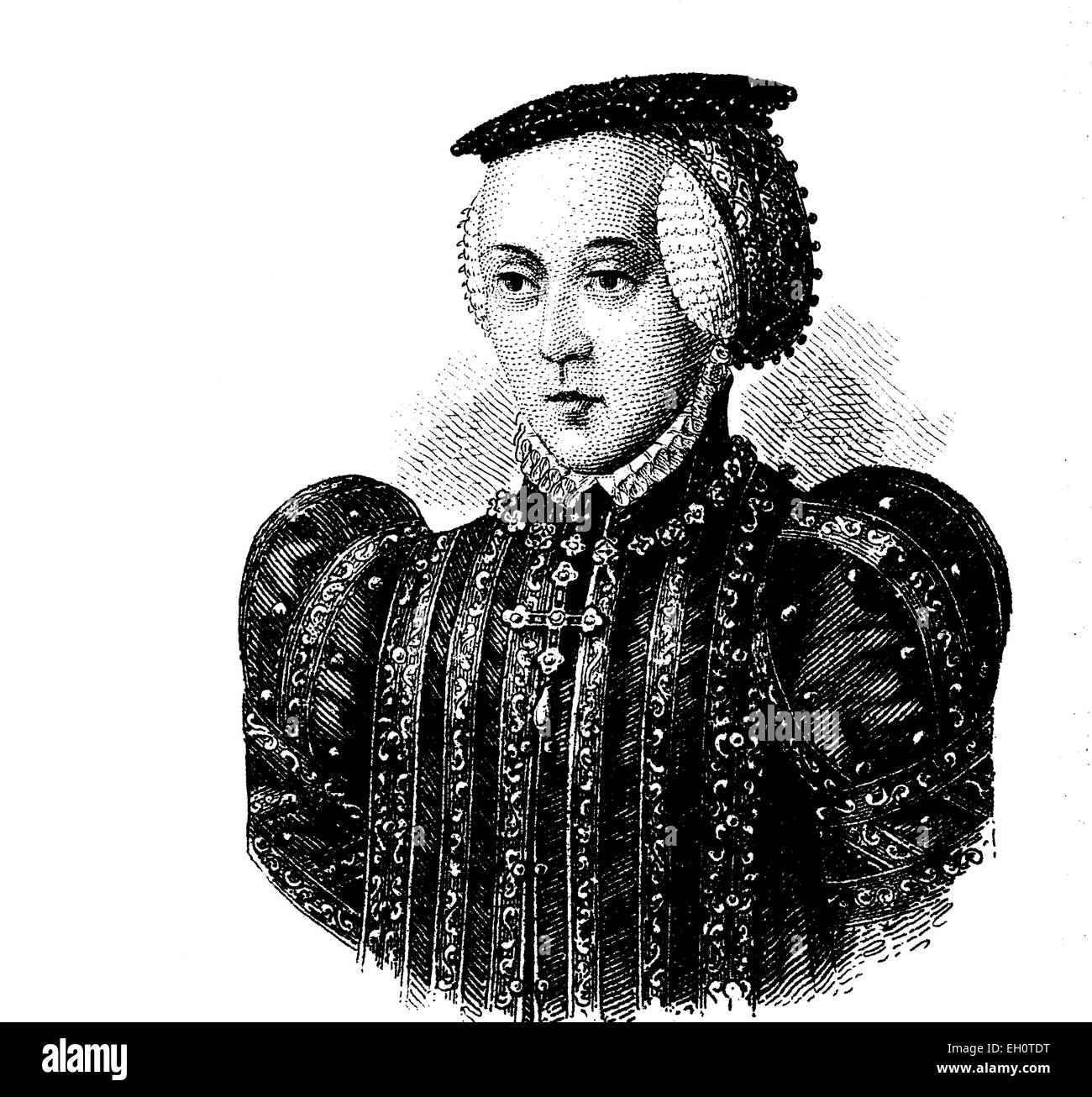 Fashion in the Middle Ages: ruff and cap, 1560, historical illustration ...