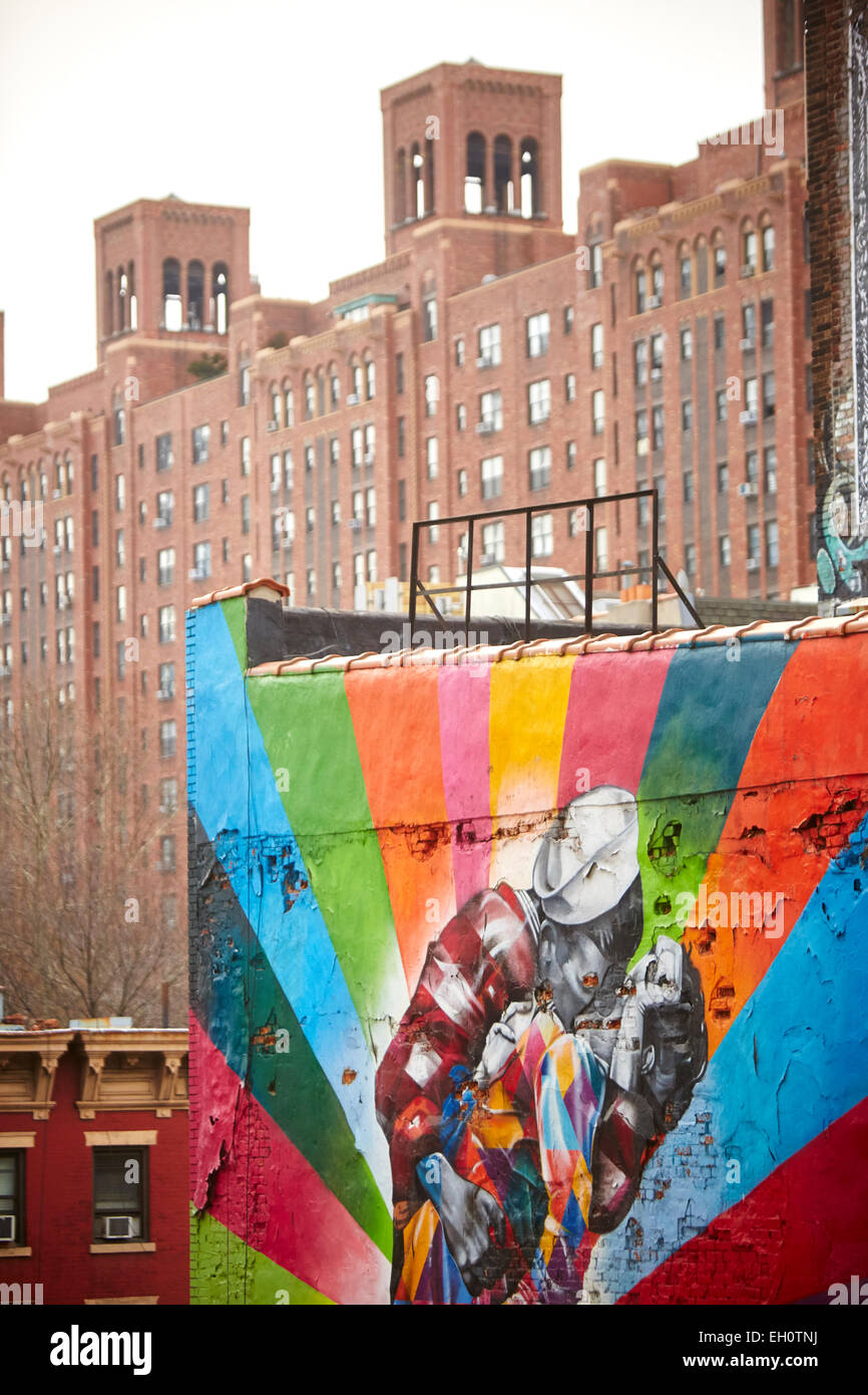 Graffiti street art seen from The High Line park in Manhattan in New ...