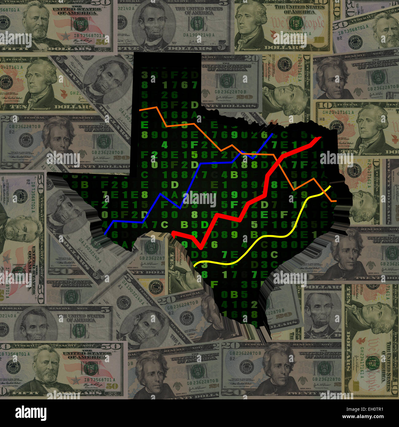 Texas map with hex code and graphs on dollars illustration Stock Photo ...