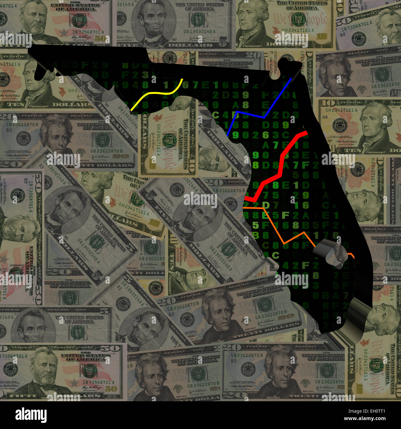 Florida map with hex code and graphs on dollars illustration Stock ...