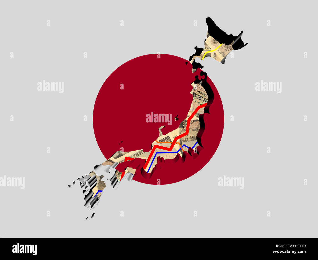 Japan map with flag and graphs on Yen illustration Stock Photo - Alamy