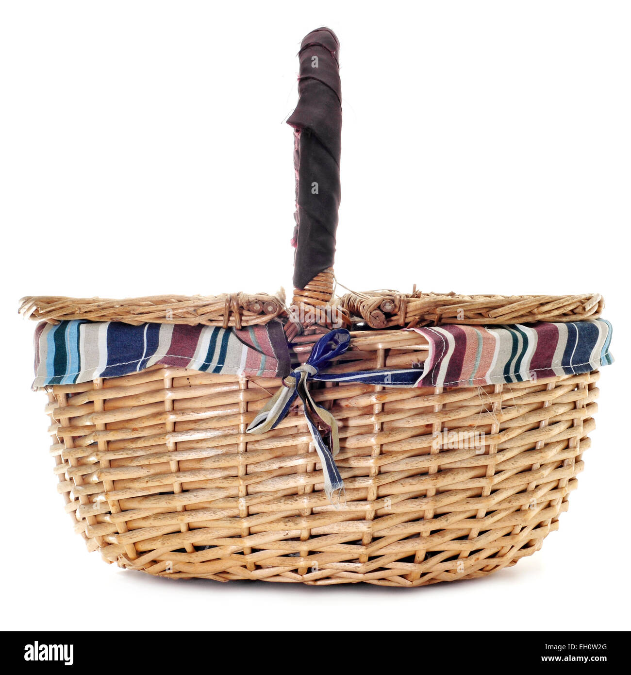 closeup of a wicker basket with handle on a white background Stock ...