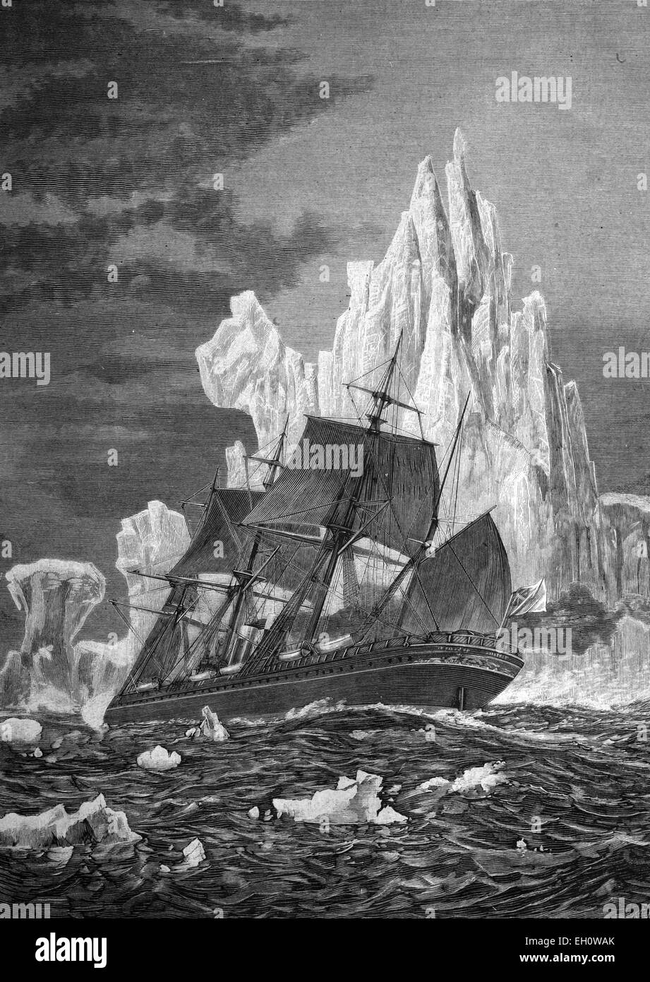 Sailing ship facing an iceberg, historical illustration, about 1886 ...