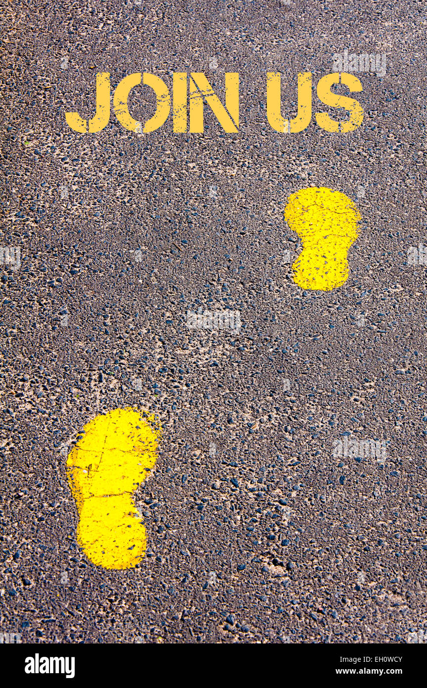 Yellow footsteps on sidewalk towards Join Us message.Conceptual image ...