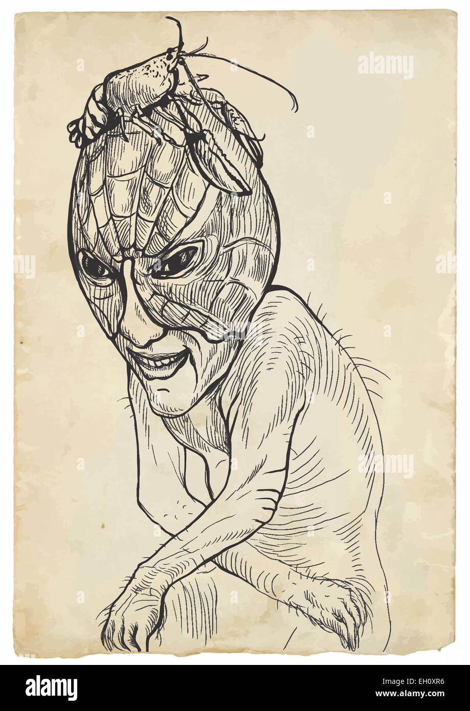 An hand drawn vector illustration. Sad monster with lobster on his head ...