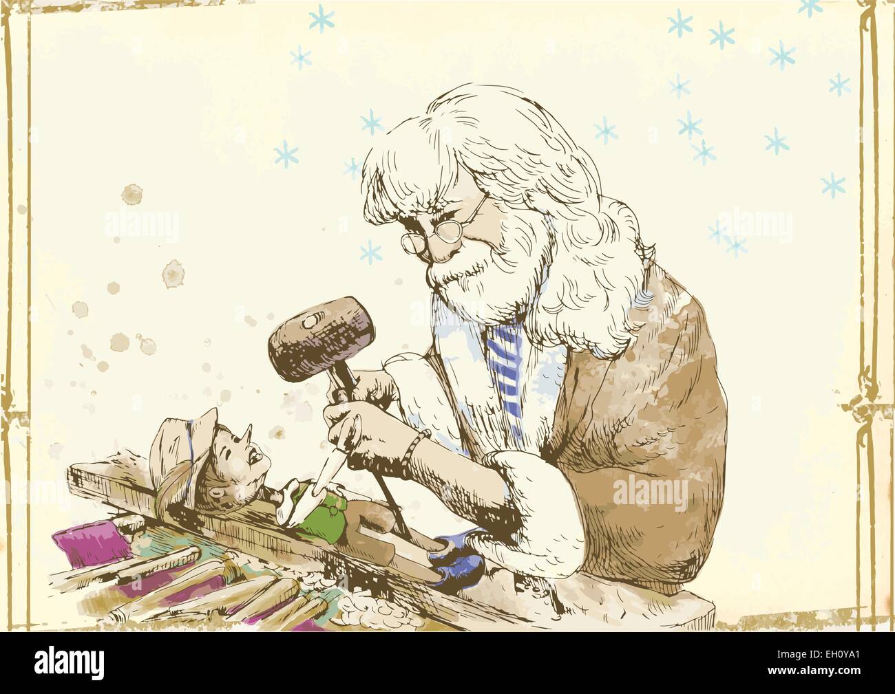 an hand drawn illustration and painted vector - Gapetto and Pinocchio ...