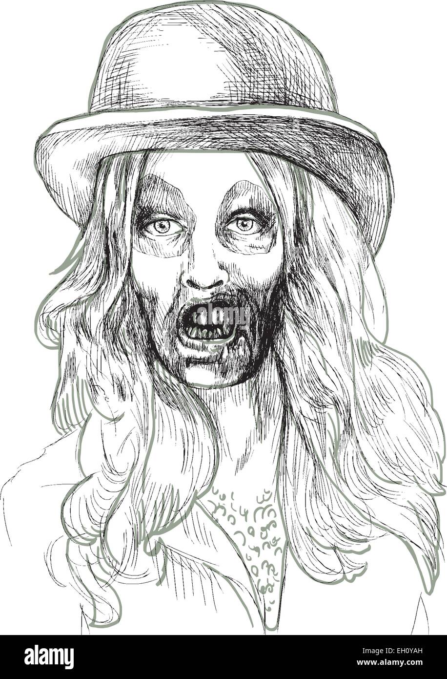 An hand drawn vector illustration (line art) - Portrait of an undead ...