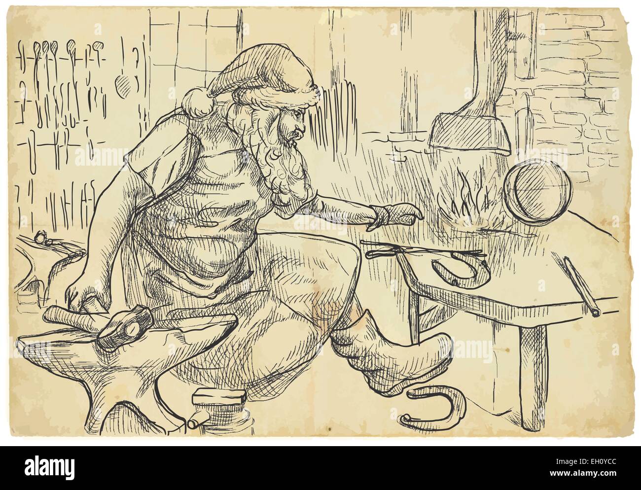 An hand drawn vector illustration. Santa Claus in the smithy (makes ...