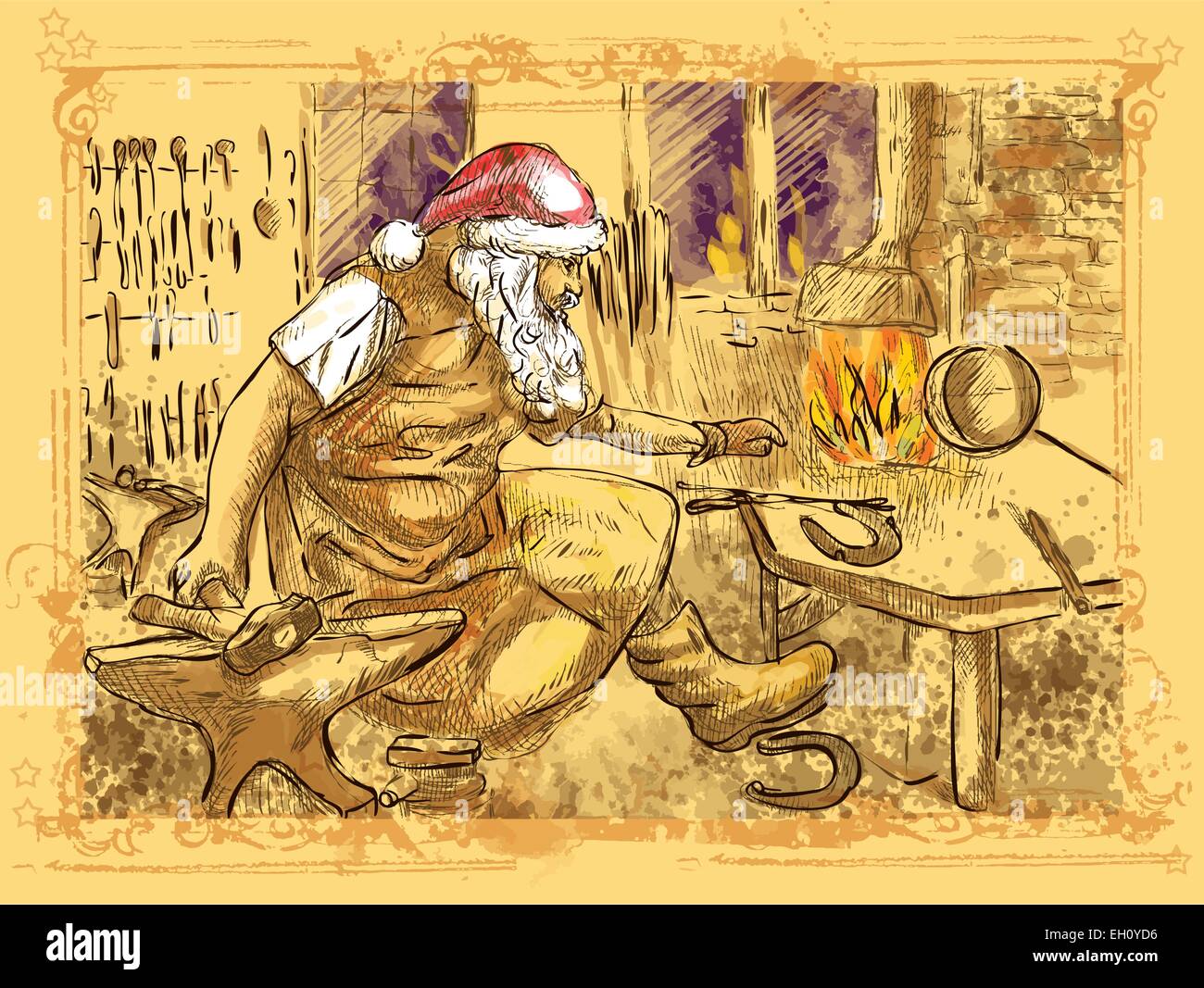 An hand drawn vector illustration. Santa Claus in the smithy (makes ...