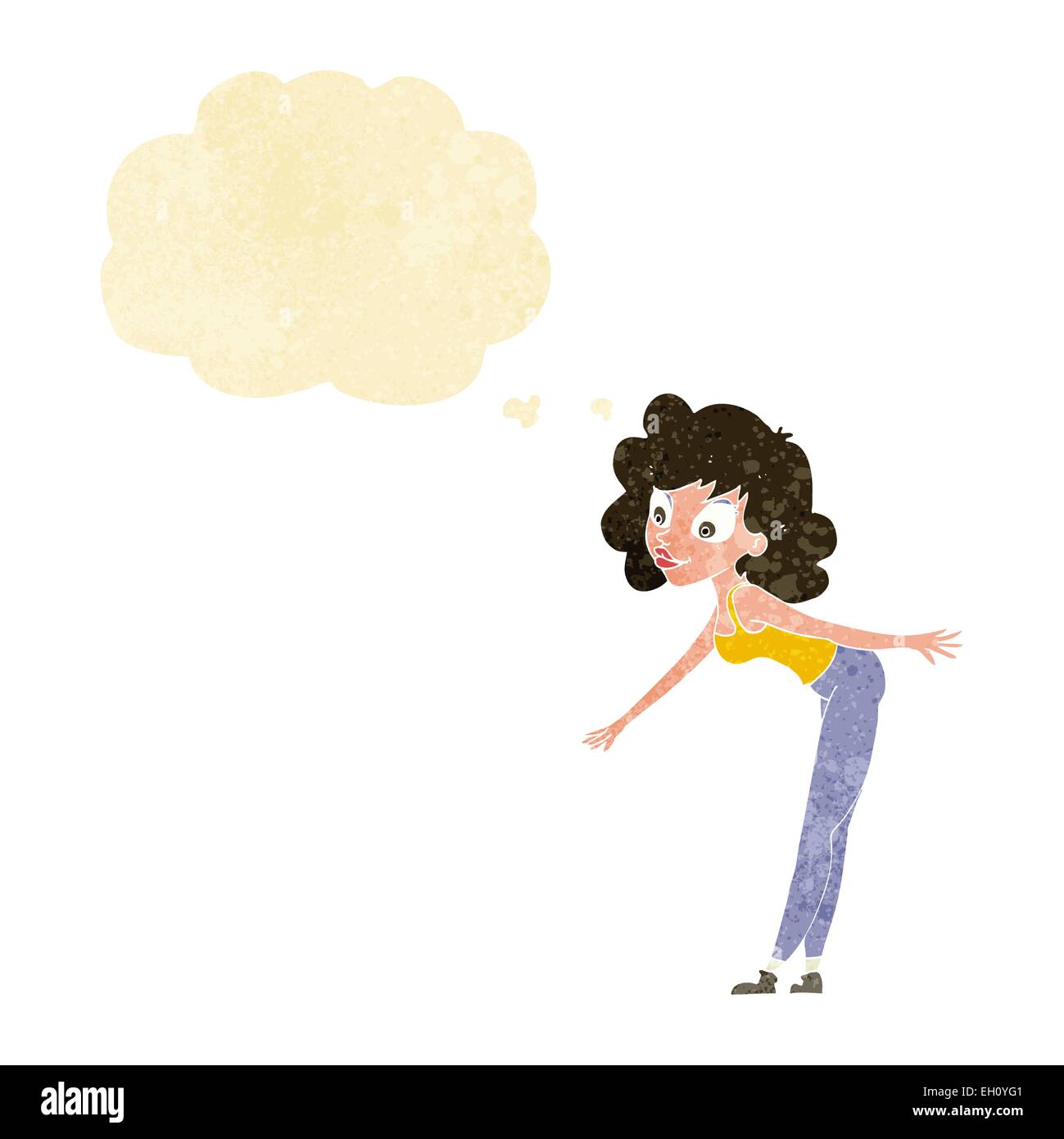 cartoon woman reaching to pick something up with thought bubble Stock ...