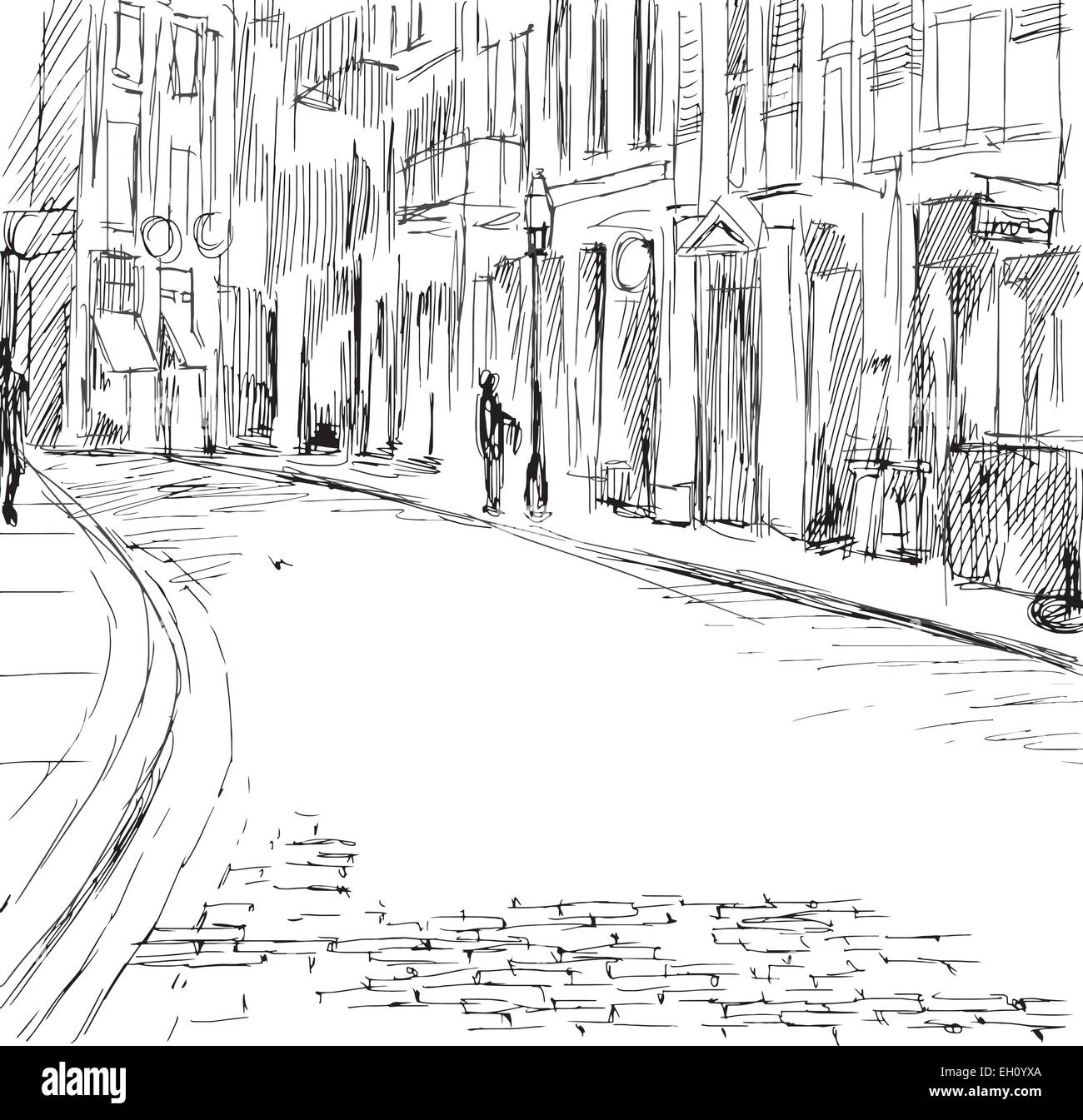 An hand drawn vector illustration. Old street. Vector is editable in 2 ...