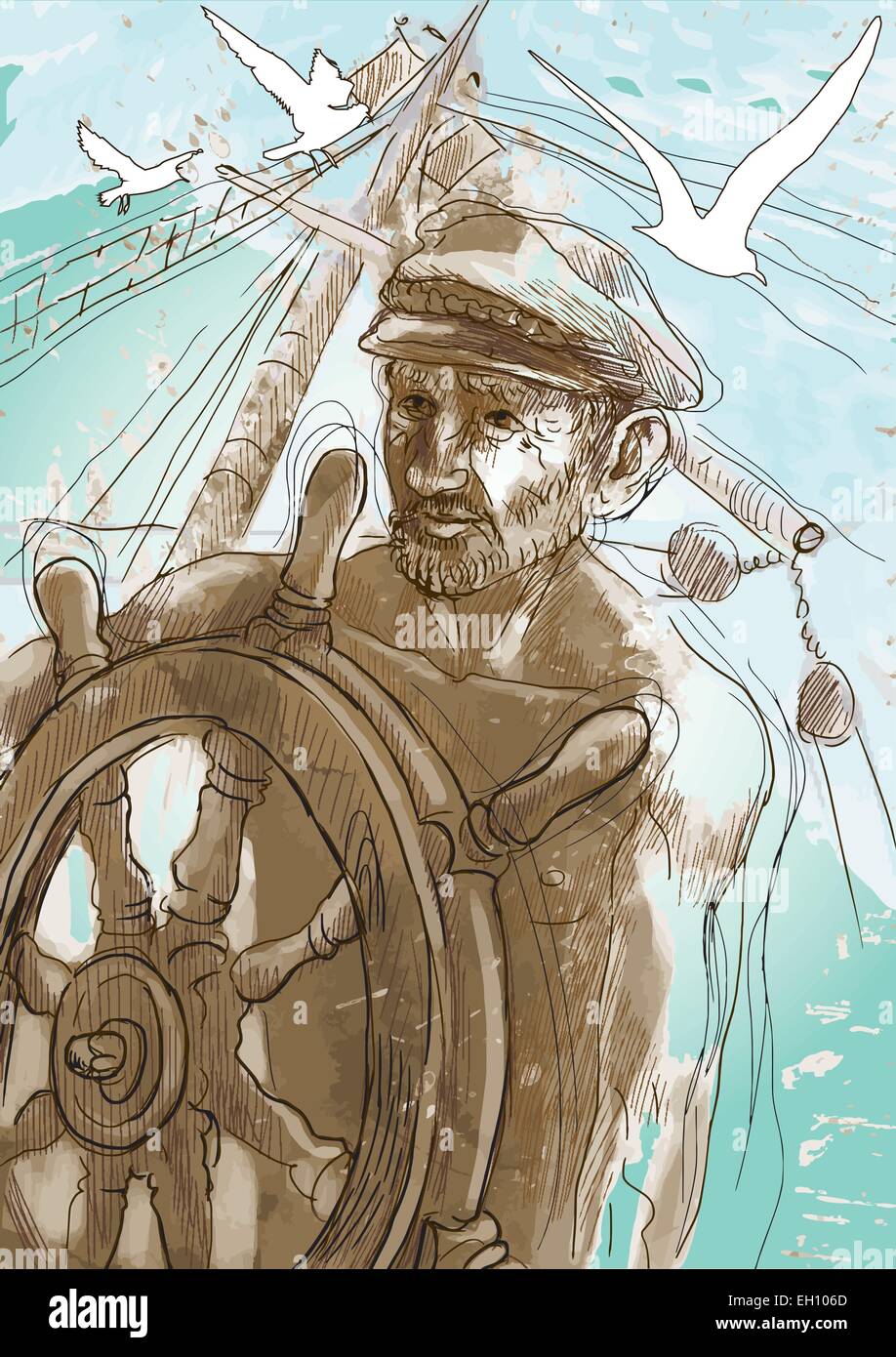 Captain - Helmsman. An hand drawn colored vector. (Editable in layers ...