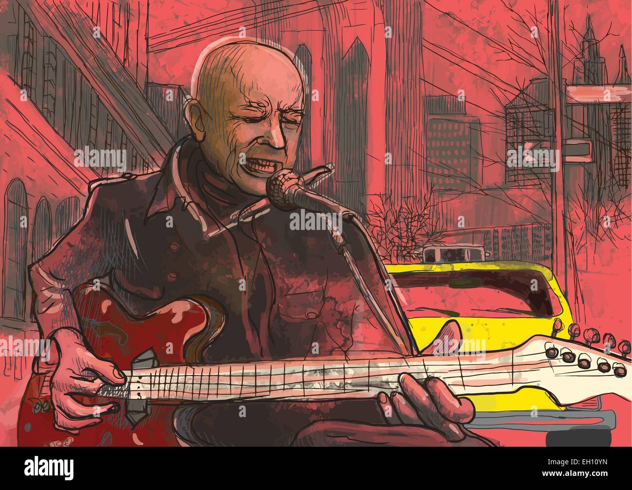 An hand drawn vector illustration. Topic: Musicians. Guitar player ...