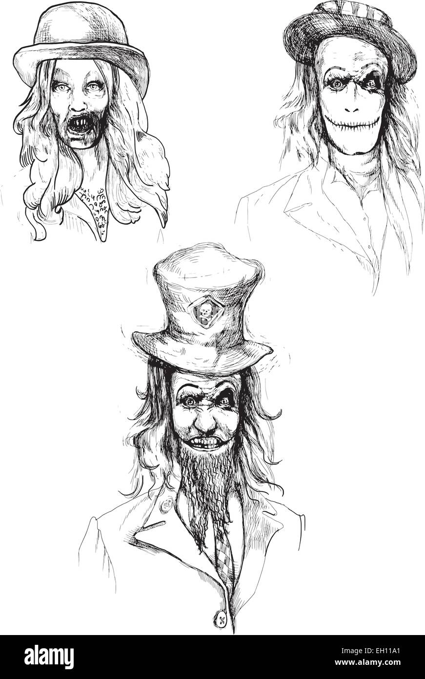 scary faces pack - line art - an hand drawn illustrations Stock Vector ...