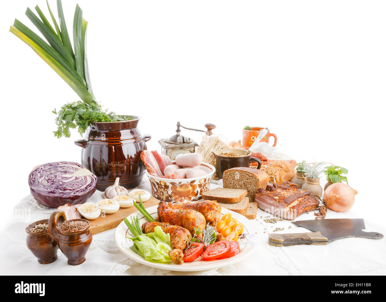 Swedish table of various meal type like polish white sausage smoked ...