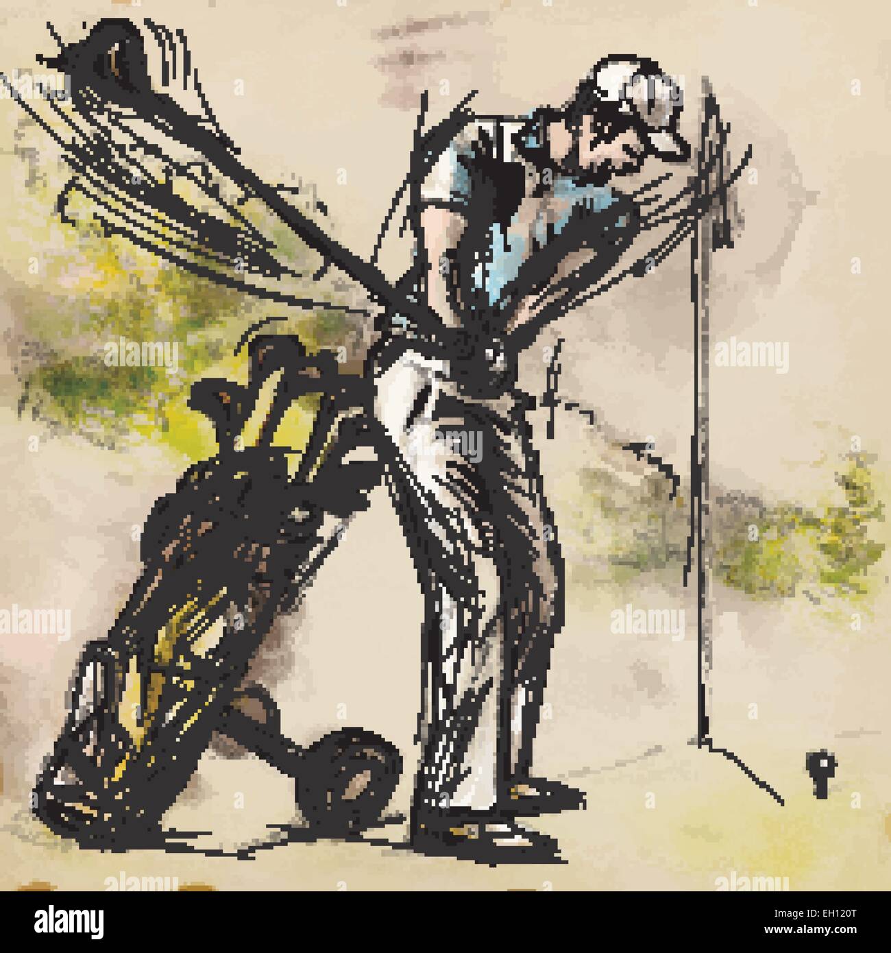 Topic: GOLF (Posture, Golf swing). An hand drawn illustration converted ...