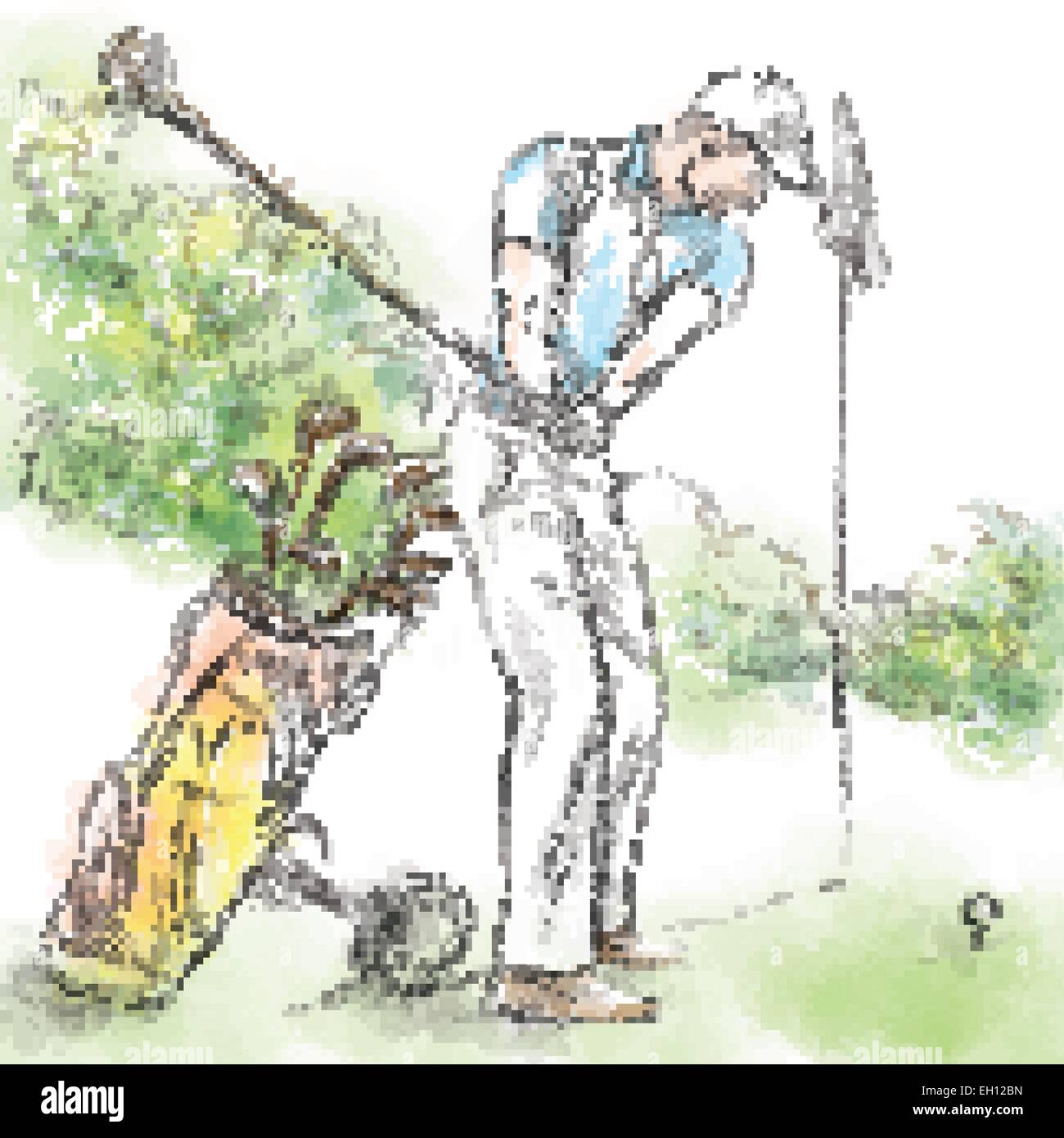 Topic: GOLF (Posture, Golf swing). An hand drawn illustration converted ...