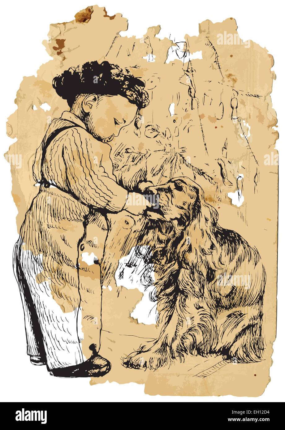 an hand drawn illustration (line art, background is separated) - boy ...