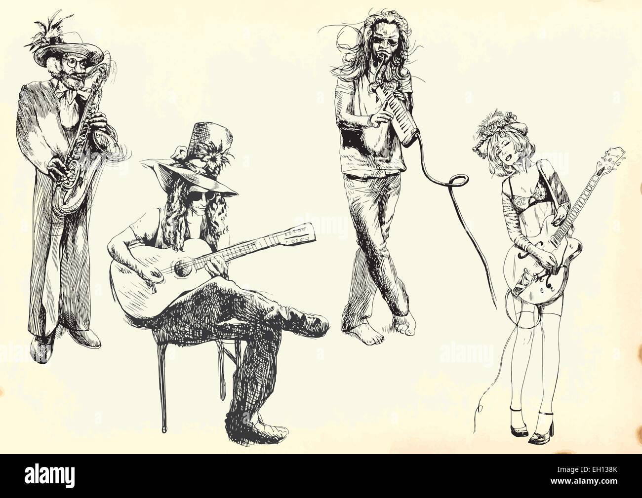an hand drawn illustration and painted vector illustration - musicians ...