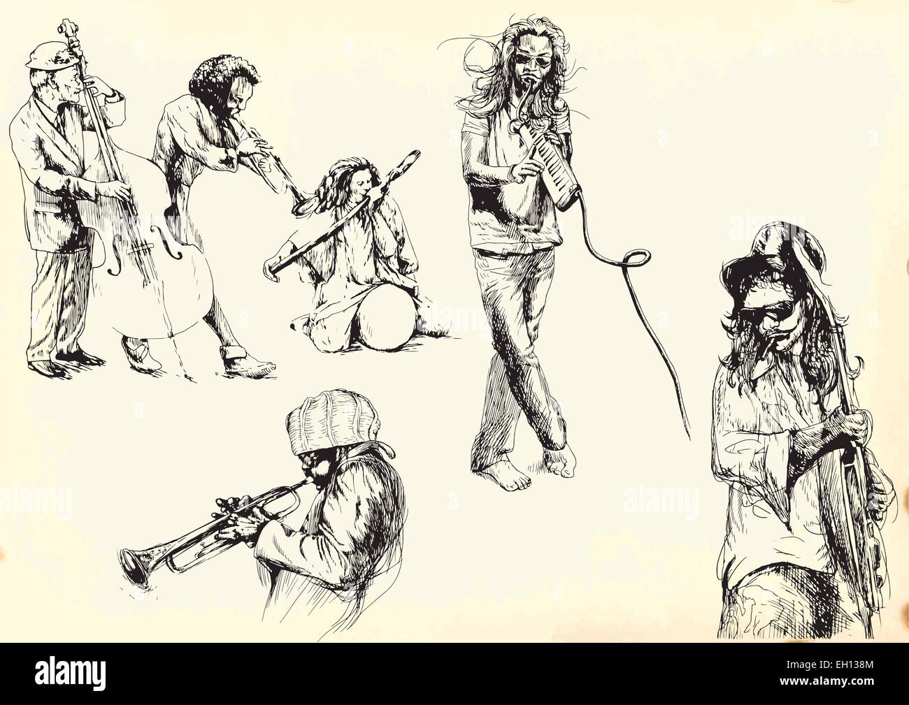 an hand drawn illustration and painted vector illustration - musicians ...