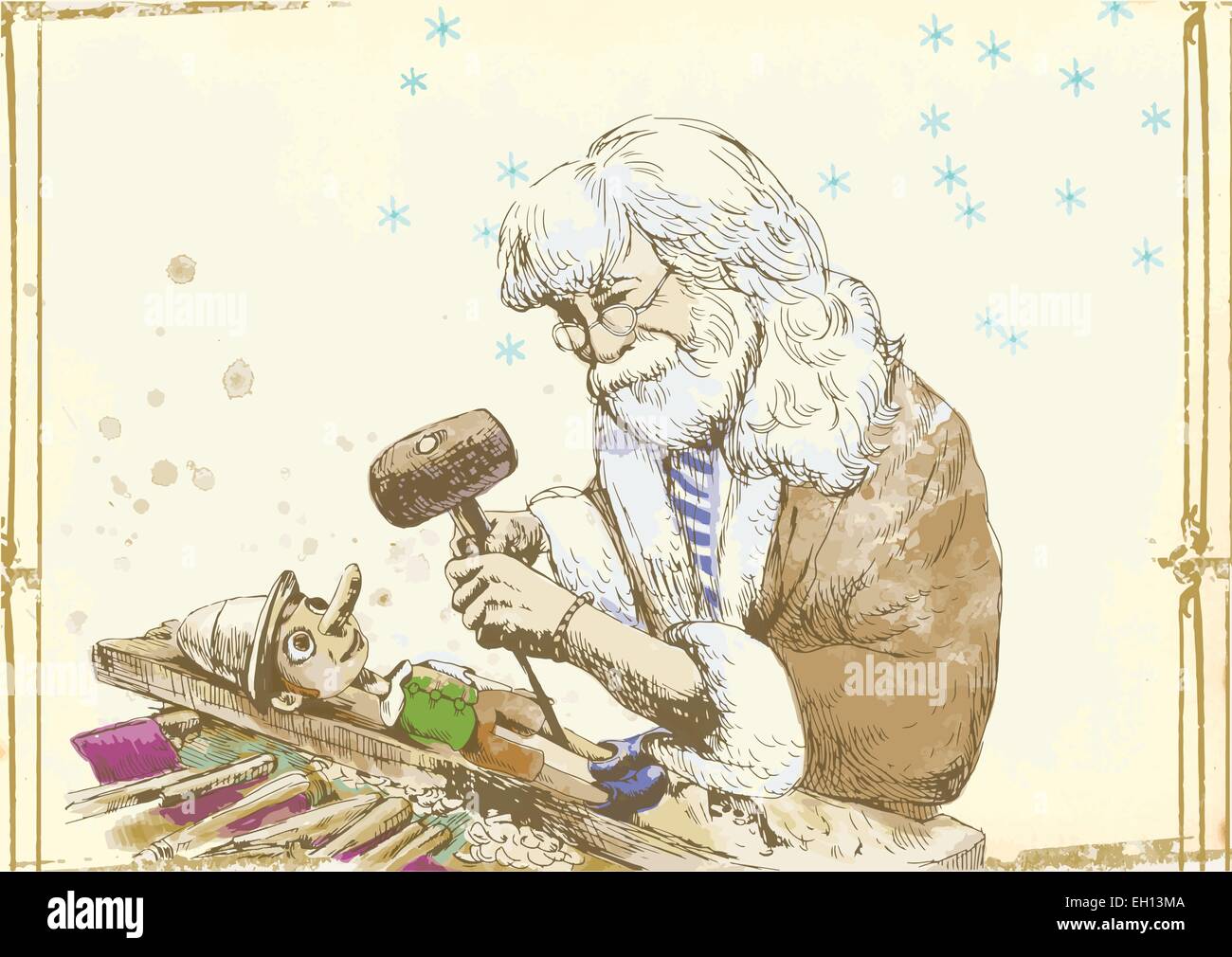 an hand drawn illustration and painted vector - Gapetto and Pinocchio ...