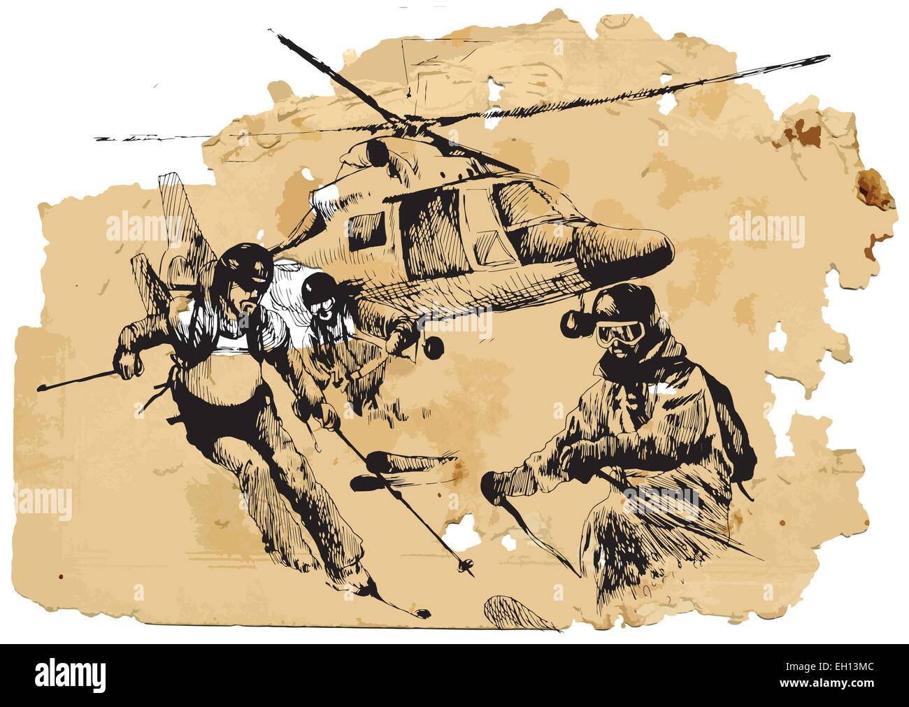 an hand drawn illustration (line art) on old paper card (separated ...