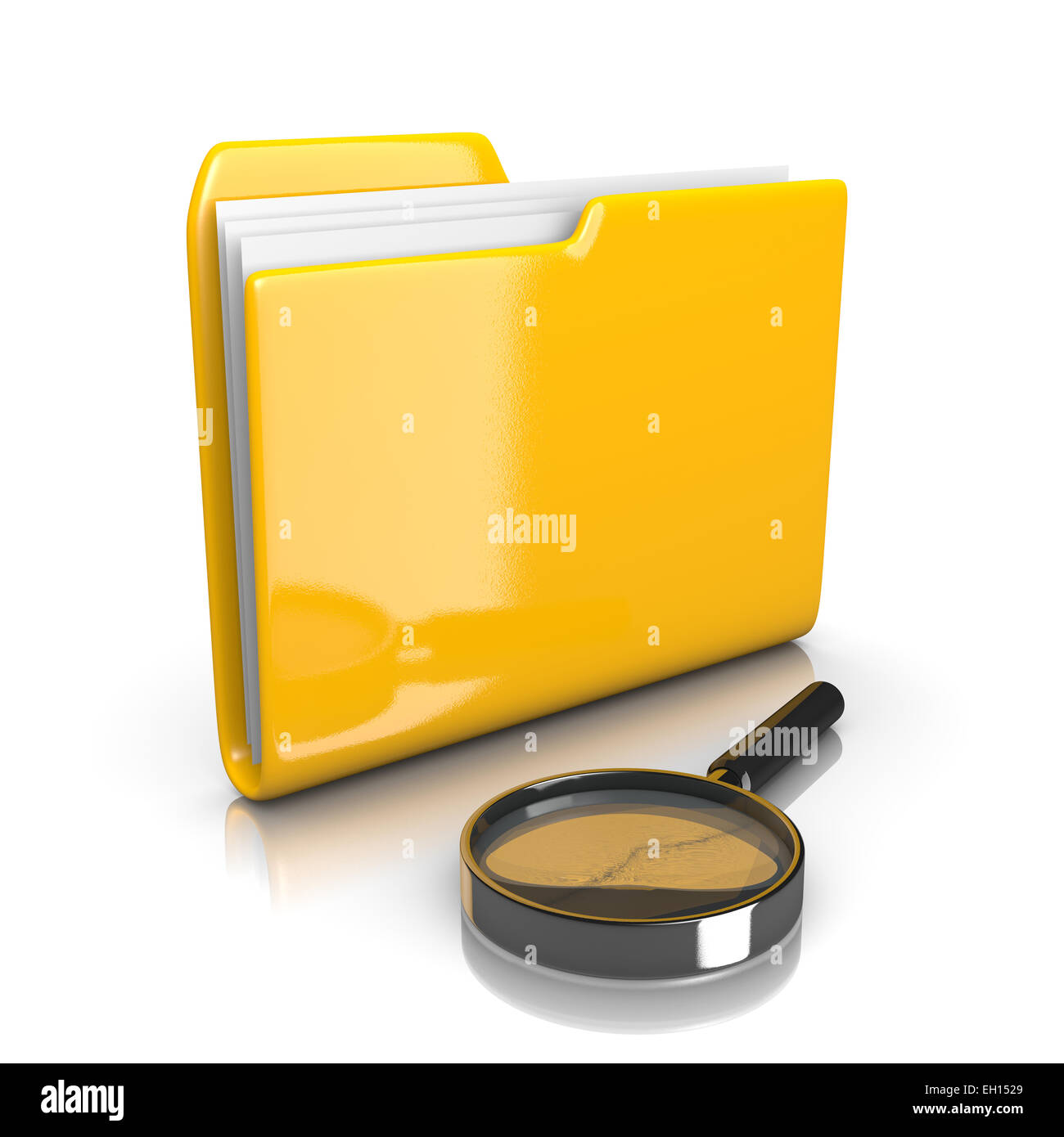 Single Yellow Document Folder with Magnifier on White Background 3D ...