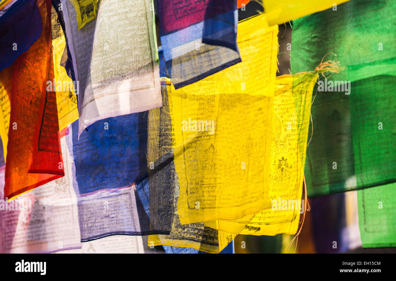 Colorful buddhist Prayer flags with mantras. religion in Asia Stock ...