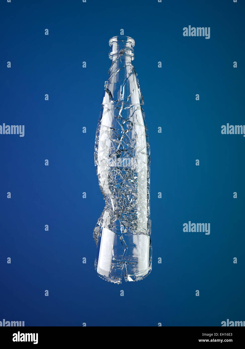 Broken empty glass bottle on blue background Stock Photo - Alamy