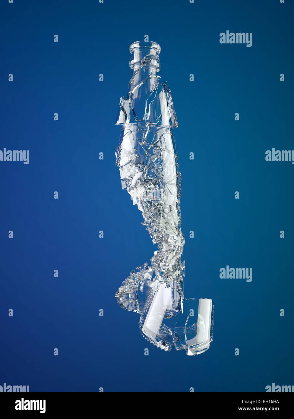 Pieces of shattered empty bottle over blue background Stock Photo - Alamy