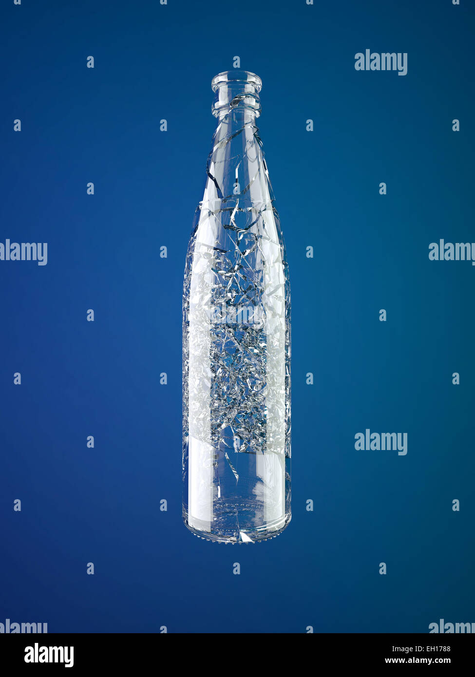 Shattered empty glass bottle on blue background Stock Photo - Alamy
