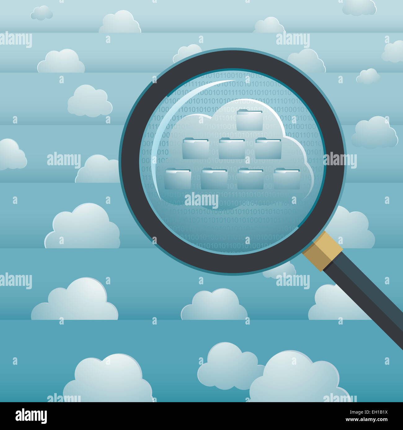 sky computing concept, with stratified sky, clouds and a loupe showing ...