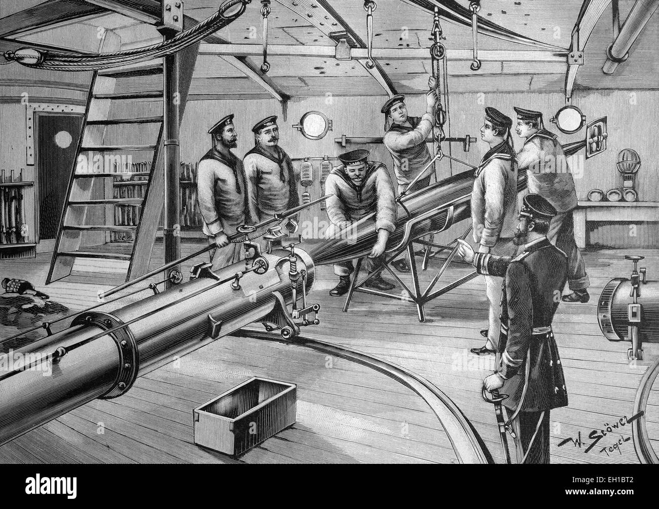 Insertion of a torpedo into torpedo tube, historical illustration, ca ...