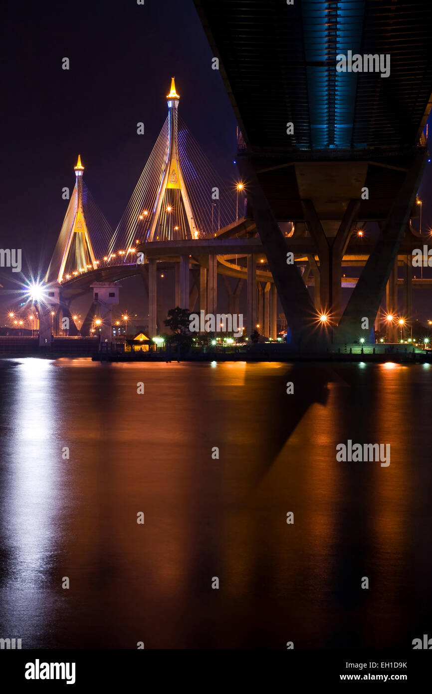 The Industrial Ring Bridge shines at dusk in Thailand with vertical ...